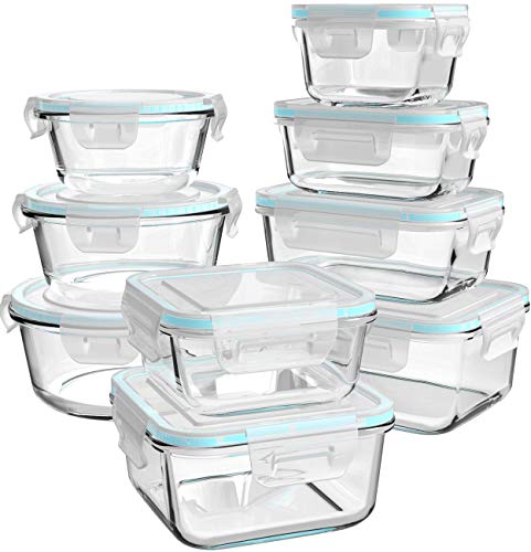 AILTEC Glass Food Storage Containers with Lids, [18 Piece] Glass Meal Prep Containers, Glass Containers for Food Storage with Lids, BPA Free & Leak Proof (9 Lids & 9 Containers)