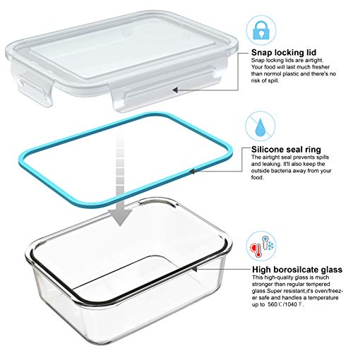 AILTEC Glass Food Storage Containers with Lids, [18 Piece] Glass Meal Prep Containers, Glass Containers for Food Storage with Lids, BPA Free & Leak Proof (9 Lids & 9 Containers)