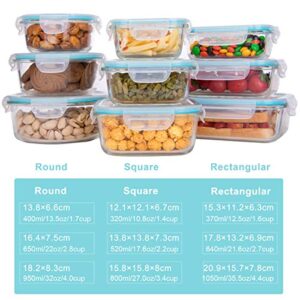 AILTEC Glass Food Storage Containers with Lids, [18 Piece] Glass Meal Prep Containers, Glass Containers for Food Storage with Lids, BPA Free & Leak Proof (9 Lids & 9 Containers)