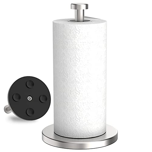 VEHHE Paper Towel Holder Countertop, Standing Paper Towel Roll Holder for Kitchen Bathroom, with Weighted Base Suction Cups for One-Handed Operation (Silver)