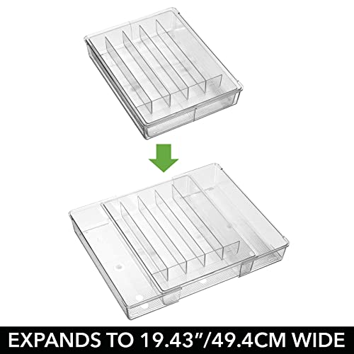 mDesign Dual Expandable Plastic In-Drawer Utensil Organizer Tray Deep 6 Divided Sections for Kitchen Organization; Holds Cutlery, Flatware, Silverware, Cooking Utensils, Ligne Collection - Clear