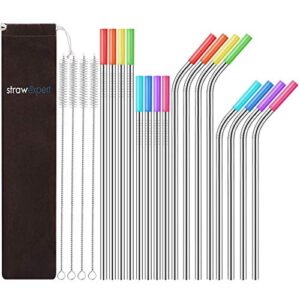 strawexpert set of 16 reusable stainless steel straws with travel case cleaning brush silicone tips eco friendly extra long metal straws drinking for 20 24 30 oz tumbler