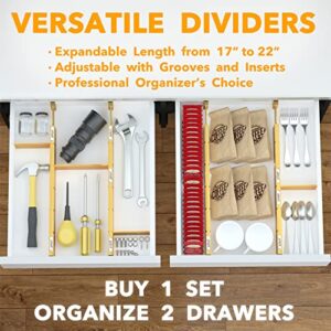 SpaceAid Bamboo Drawer Dividers with Inserts and Labels, Kitchen Adjustable Drawer Organizers, Expandable Organization for Home, Office, Dressers, 4 Dividers with 9 Inserts (17-22 in)