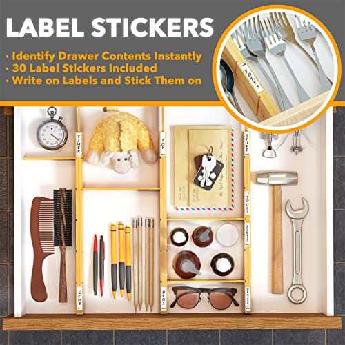 SpaceAid Bamboo Drawer Dividers with Inserts and Labels, Kitchen Adjustable Drawer Organizers, Expandable Organization for Home, Office, Dressers, 4 Dividers with 9 Inserts (17-22 in)