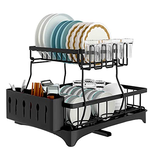 2 Tier Dish Drain Rack, with Retractable Drain Hose, Home Countertop Large Capacity Utensil Drying Rack, for Cup Dish Chopsticks Storage