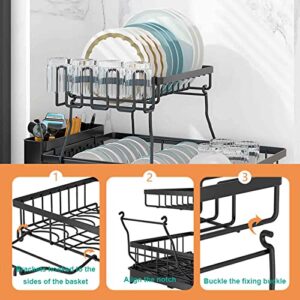 2 Tier Dish Drain Rack, with Retractable Drain Hose, Home Countertop Large Capacity Utensil Drying Rack, for Cup Dish Chopsticks Storage