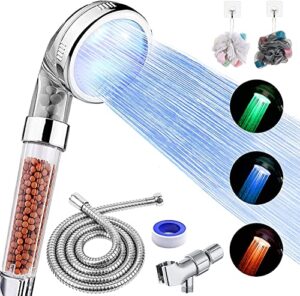 fastras led shower head with handheld, shower head high pressure shower head with hose, holder & ptfe tape etc, 3 water temperature-controlled water saving filtered shower head for dry skin& hair…