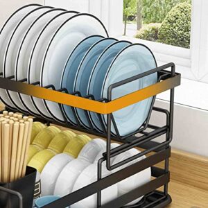 2 Tier Dish Drainer Rack, Large Capacity Kitchen Countertop Organizer, with 360° Rotation Guide Sink Tray & Chopstick Holder, for Above The Sink