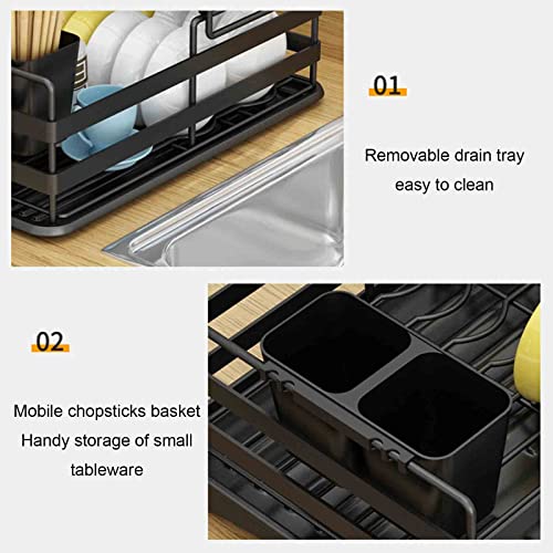 2 Tier Dish Drainer Rack, Large Capacity Kitchen Countertop Organizer, with 360° Rotation Guide Sink Tray & Chopstick Holder, for Above The Sink