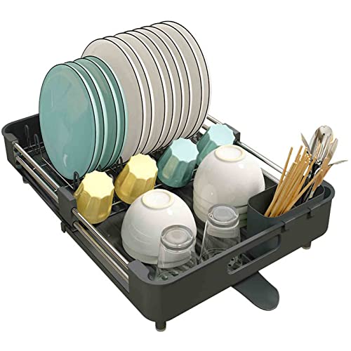 Expandable Dish Rack, Multi-Purpose Stainless Steel countertop Dish Drainer, with Swivel Drainage Spout & Non-Slip Silicone Bracket