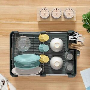 Expandable Dish Rack, Multi-Purpose Stainless Steel countertop Dish Drainer, with Swivel Drainage Spout & Non-Slip Silicone Bracket