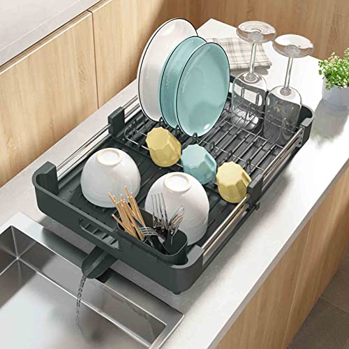 Expandable Dish Rack, Multi-Purpose Stainless Steel countertop Dish Drainer, with Swivel Drainage Spout & Non-Slip Silicone Bracket