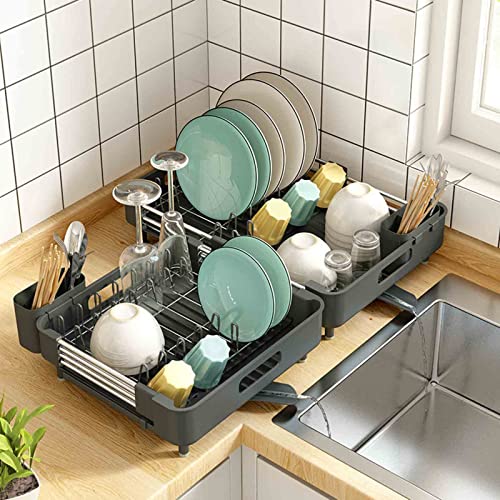 Expandable Dish Rack, Multi-Purpose Stainless Steel countertop Dish Drainer, with Swivel Drainage Spout & Non-Slip Silicone Bracket