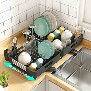 Expandable Dish Rack, Multi-Purpose Stainless Steel countertop Dish Drainer, with Swivel Drainage Spout & Non-Slip Silicone Bracket