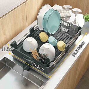 Expandable Dish Rack, Multi-Purpose Stainless Steel countertop Dish Drainer, with Swivel Drainage Spout & Non-Slip Silicone Bracket