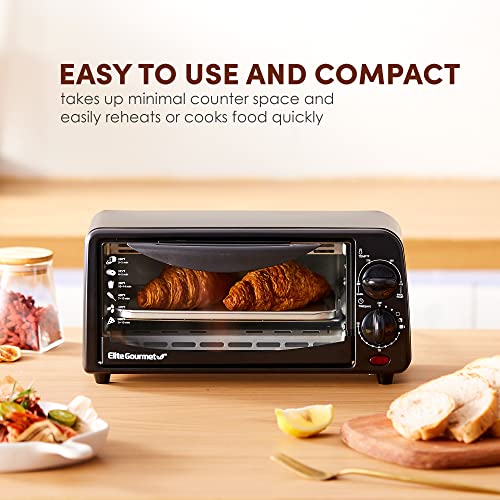 Elite Gourmet ETO236 Personal 2 Slice Countertop Toaster Oven with 15 Minute Timer Includes Pan and Wire Rack, Bake, Broil, Toast, Black