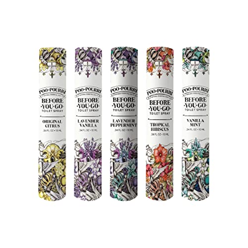 Poo-Pourri Before-You-go Toilet Spray 10 ml Original Citrus 10 ml Lavender Vanilla 10 ml Tropical Hibiscus 10 ml Lavender Peppermint & 10 ml Vanilla Mint, 5 Count (Pack of 1)