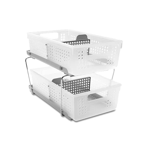 madesmart 2-Tier Organizer Slide-Out Baskets with Handles, Space Saving, Multi-Purpose Storage & BPA-Free, Large, Frost-with Dividers