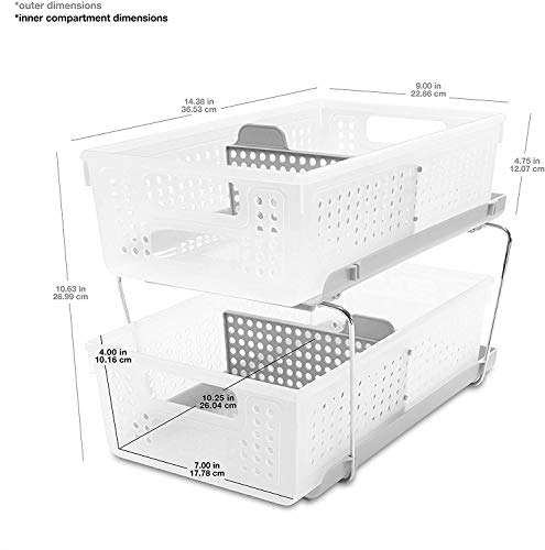 madesmart 2-Tier Organizer Slide-Out Baskets with Handles, Space Saving, Multi-Purpose Storage & BPA-Free, Large, Frost-with Dividers