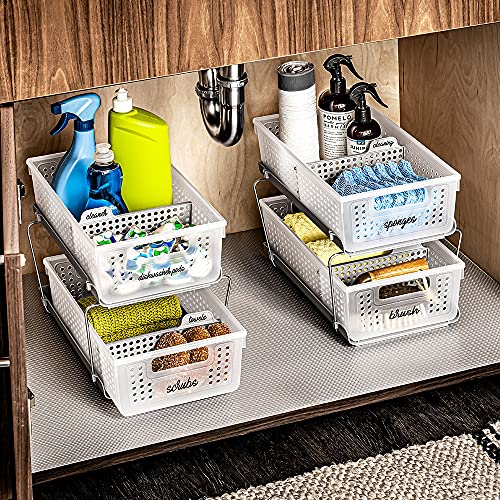 madesmart 2-Tier Organizer Slide-Out Baskets with Handles, Space Saving, Multi-Purpose Storage & BPA-Free, Large, Frost-with Dividers