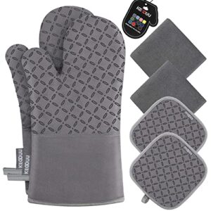 kegouu oven mitts and pot holders 6pcs set, kitchen oven glove high heat resistant 500 degree extra long oven mitts and potholder with non-slip silicone surface for cooking (grey)