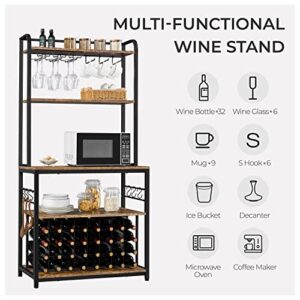 Yaheetech Wine Bakers Rack, 32-Bottle Wine Rack Freestanding Floor with Glass Holder & 6 Hooks, Industrial Coffee Bar Wine Rack Table Wine Bar Cabinet for Kitchen, Dining Room, Rustic Brown