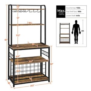 Yaheetech Wine Bakers Rack, 32-Bottle Wine Rack Freestanding Floor with Glass Holder & 6 Hooks, Industrial Coffee Bar Wine Rack Table Wine Bar Cabinet for Kitchen, Dining Room, Rustic Brown