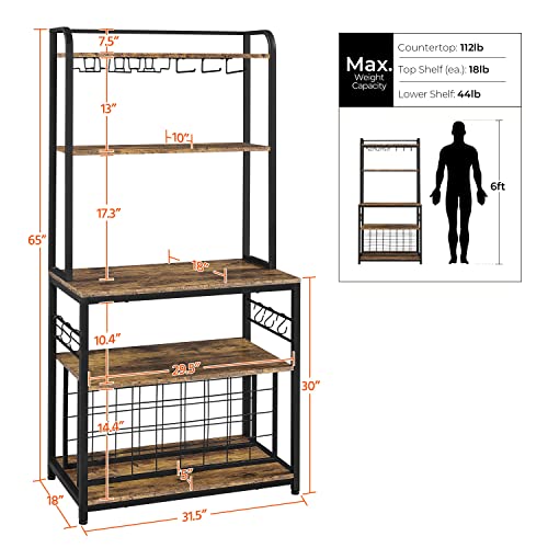 Yaheetech Wine Bakers Rack, 32-Bottle Wine Rack Freestanding Floor with Glass Holder & 6 Hooks, Industrial Coffee Bar Wine Rack Table Wine Bar Cabinet for Kitchen, Dining Room, Rustic Brown