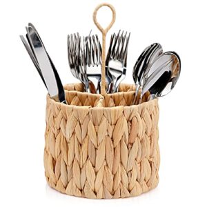 kitchen utensil holder for countertop, silverware caddy natural woven flatware caddy with 3 compartments, cooking utensil organizer condiment picnic cutlery caddy large utensil holder for party