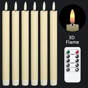 genswin flameless ivory taper candles flickering with 10-key remote, battery operated led warm 3d wick light window candles real wax pack of 6, christmas home wedding decor(0.78 x 9.64 inch)