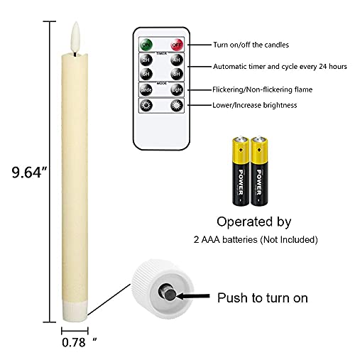 GenSwin Flameless Ivory Taper Candles Flickering with 10-Key Remote, Battery Operated Led Warm 3D Wick Light Window Candles Real Wax Pack of 6, Christmas Home Wedding Decor(0.78 X 9.64 Inch)