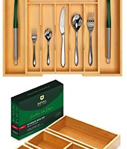 ROYAL CRAFT WOOD Expandable Luxury Bamboo Kitchen Drawer Organizer - Silverware Organizer with Storage Box Set of 3