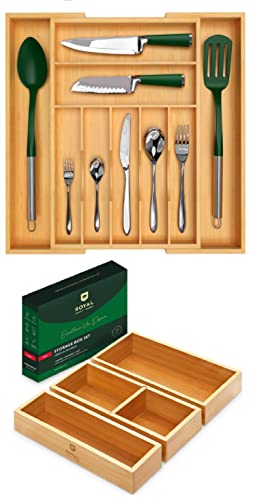 ROYAL CRAFT WOOD Expandable Luxury Bamboo Kitchen Drawer Organizer - Silverware Organizer with Storage Box Set of 3