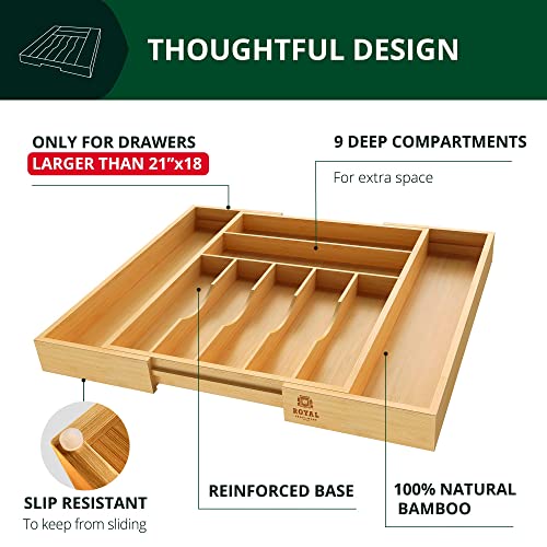 ROYAL CRAFT WOOD Expandable Luxury Bamboo Kitchen Drawer Organizer - Silverware Organizer with Storage Box Set of 3