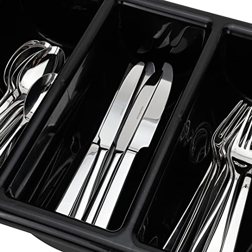 RW Clean 21.9 x 14.2 x 3.5 Inch Silverware Organizer, 1 Crack-Resistant Cutlery Tray - 4 Compartments, Built-In Handles, Black Plastic Utensils Drawer Holder, Wrap-Resistant, For Kitchen Organization