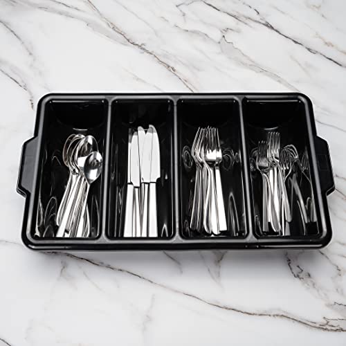 RW Clean 21.9 x 14.2 x 3.5 Inch Silverware Organizer, 1 Crack-Resistant Cutlery Tray - 4 Compartments, Built-In Handles, Black Plastic Utensils Drawer Holder, Wrap-Resistant, For Kitchen Organization