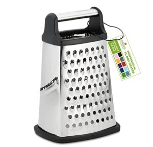 professional box grater, stainless steel with 4 sides, best for parmesan cheese, vegetables, ginger, xl size, black