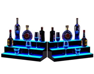 2 pack led lighted liquor bottle display shelf,24-inch led bar shelves for liquor, 3-step lighted liquor bottle shelf for home/commercial bar, acrylic lighted bottle display with remote & app control