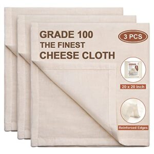 efond cheesecloth, precut 20x20inch, grade 100 hemmed cheese cloths for cooking reusable and washable, 100% unbleached pure cotton muslin cloths for straining butter, cheese, nut milk (3 pieces)