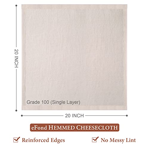 eFond Cheesecloth, Precut 20x20Inch, Grade 100 Hemmed Cheese Cloths for Cooking Reusable and Washable, 100% Unbleached Pure Cotton Muslin Cloths for Straining Butter, Cheese, Nut Milk (3 Pieces)