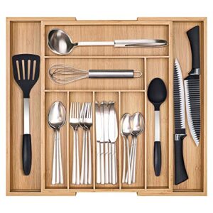 Bamboo Kitchen Drawer Organizer - Expandable & Sturdy Utensil Holder/Silverware Organizer/and Cutlery Tray with Grooved Drawer Dividers & Compartment for Flatware (7-9 Lots)