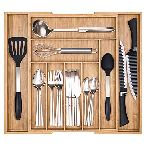 Bamboo Kitchen Drawer Organizer - Expandable & Sturdy Utensil Holder/Silverware Organizer/and Cutlery Tray with Grooved Drawer Dividers & Compartment for Flatware (7-9 Lots)