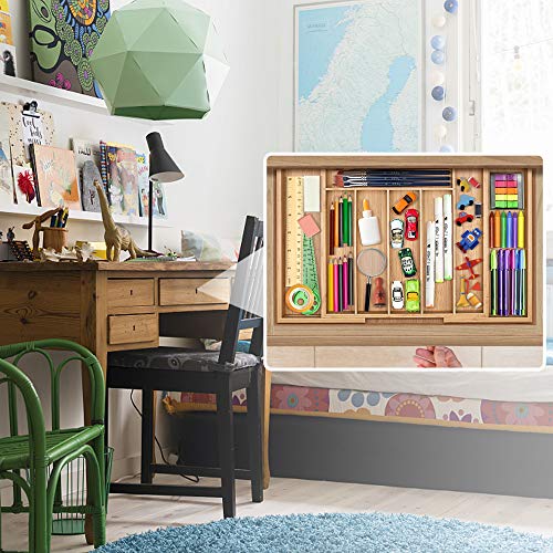 Bamboo Kitchen Drawer Organizer - Expandable & Sturdy Utensil Holder/Silverware Organizer/and Cutlery Tray with Grooved Drawer Dividers & Compartment for Flatware (7-9 Lots)