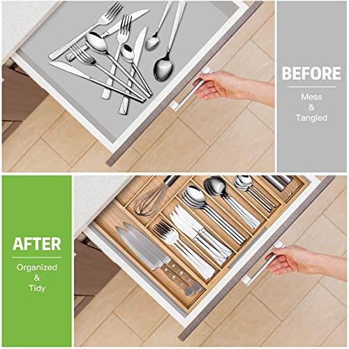 Bamboo Kitchen Drawer Organizer - Expandable & Sturdy Utensil Holder/Silverware Organizer/and Cutlery Tray with Grooved Drawer Dividers & Compartment for Flatware (7-9 Lots)