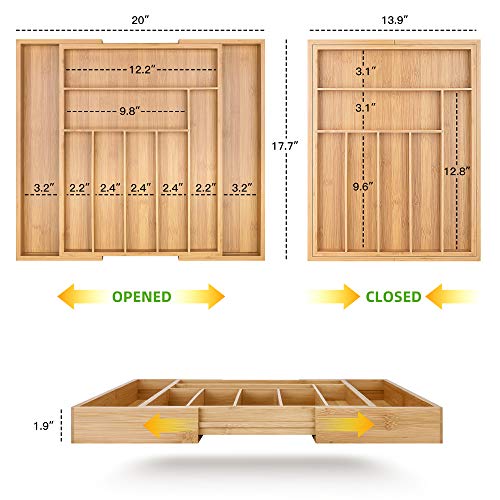 Bamboo Kitchen Drawer Organizer - Expandable & Sturdy Utensil Holder/Silverware Organizer/and Cutlery Tray with Grooved Drawer Dividers & Compartment for Flatware (7-9 Lots)