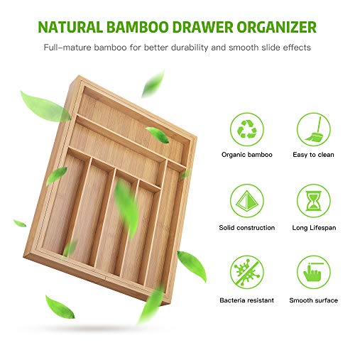 Bamboo Kitchen Drawer Organizer - Expandable & Sturdy Utensil Holder/Silverware Organizer/and Cutlery Tray with Grooved Drawer Dividers & Compartment for Flatware (7-9 Lots)