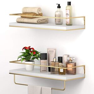 shario white floating shelves – set of 2, wall mounted hanging shelves with golden towel rack, decorative storage shelves for bathroom, kitchen, living room & bedroom (white)