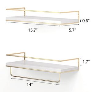 Shario White Floating Shelves - Set of 2, Wall Mounted Hanging Shelves with Golden Towel Rack, Decorative Storage Shelves for Bathroom, Kitchen, Living Room & Bedroom (White)