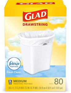 glad trash & food storage medium kitchen drawstring trash bags 8 gallon white trash bag, fresh clean scent, 80 count (package may vary)