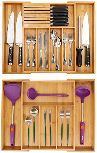 Bamboo Drawer Organizer for Kitchen, Expandable Utensil Tray,Wooden Drawer Divider Organizer